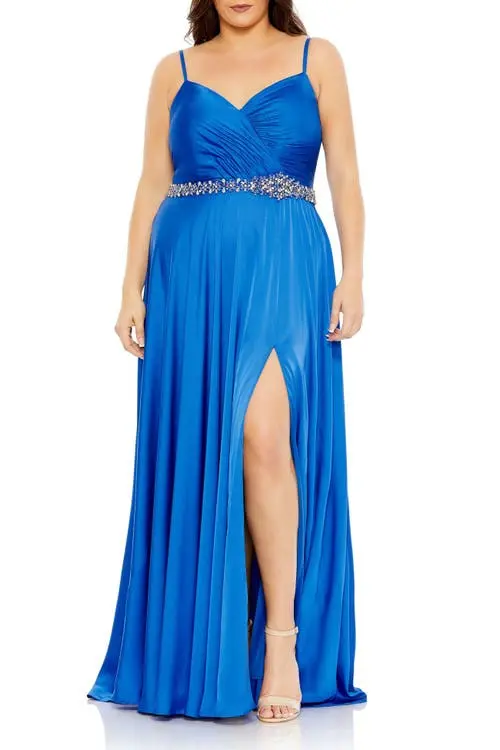 Mac Duggal Beaded Belt Faux Wrap A-line Gown