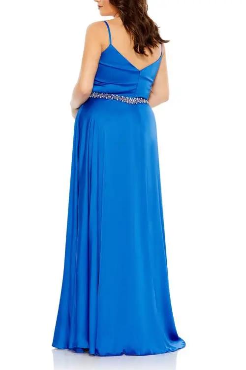 Mac Duggal Beaded Belt Faux Wrap A Line Gown