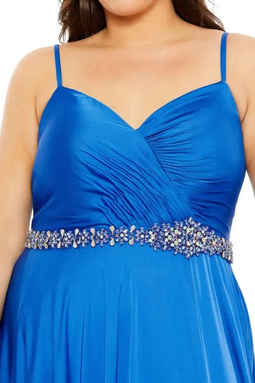 Mac Duggal Beaded Belt Faux Wrap A Line Gown
