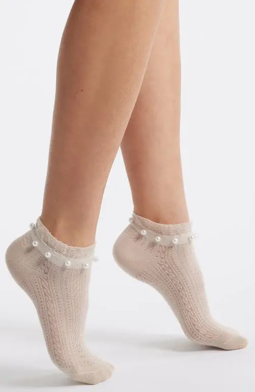 STEMS Faux Pearl Pointelle Ankle Socks - Beige