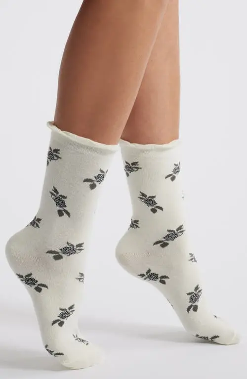 STEMS Melody Floral Crew Socks - Ivory/ Black