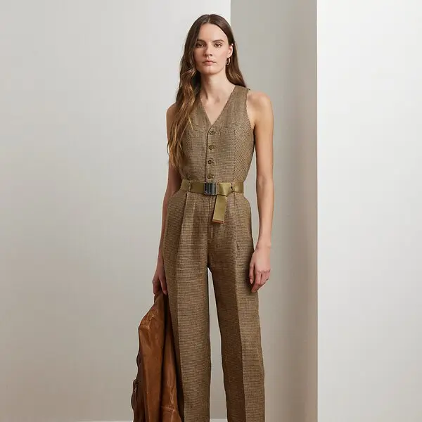 Ralph Lauren Houndstooth Linen Jumpsuit In Brown/Tan Multi 25