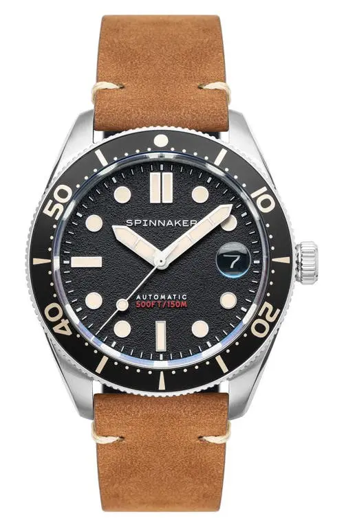 SPINNAKER Croft Midsize Automatic Leather Strap Watch - Black