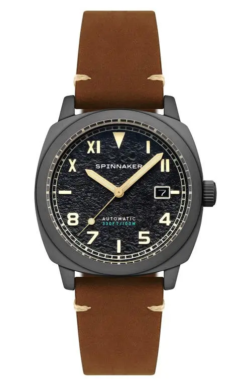SPINNAKER Hull California Automatic Leather Strap Watch - Black