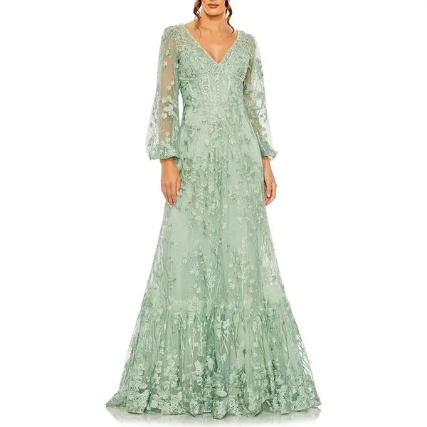 Mac Duggal V-neck A-line Embroidered Gown - Sage