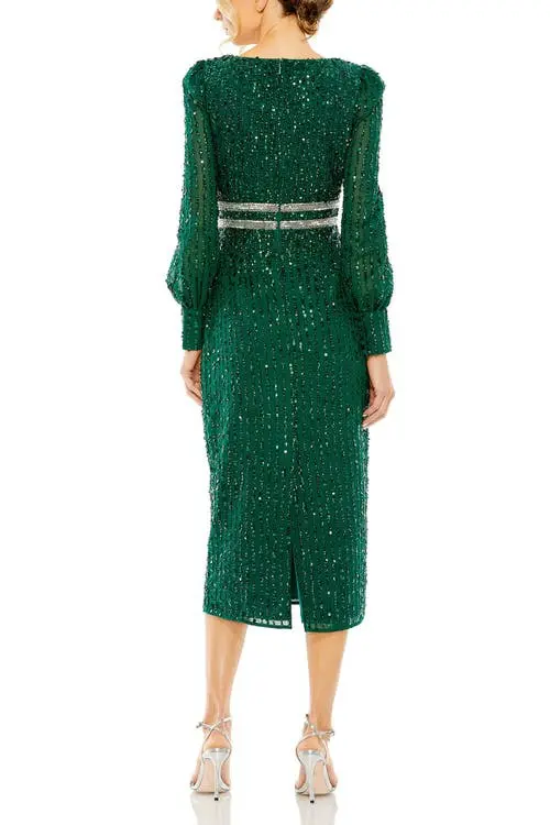 Mac Duggal Sequined V-neck Bishop Sleeve Dress - Emerald