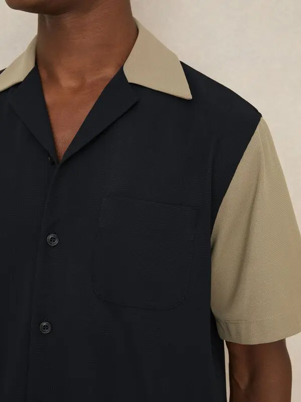 REISS Peza Colour-block Cuban-collar Shirt