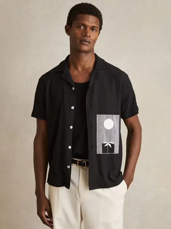 REISS Coast Graphic Print Cuban-collar Shirt