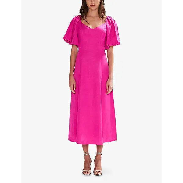 Ro&Zo Yasmin Puff-Sleeve Woven Midi Dress In Pink - 70% Off | Editorialist