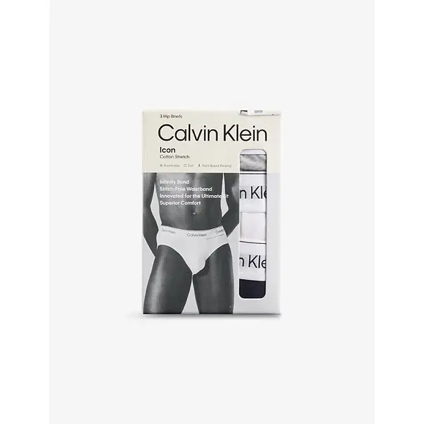 Calvin Klein Icon Logo-waistband Pack Of Three Stretch-cotton Hip Briefs - Grey Heather White Blk