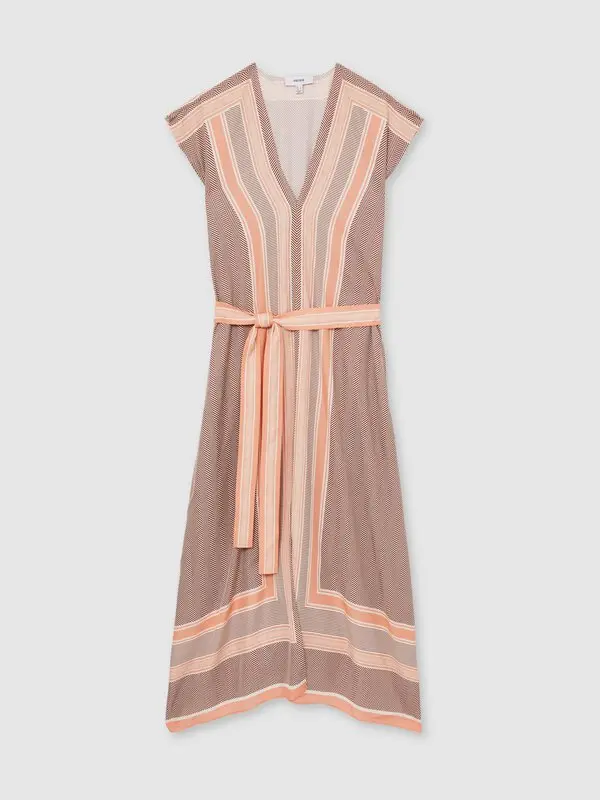 Buy REISS Gina Scarf Print Belted Midi Dress - Coral At 31% Off |  Editorialist
