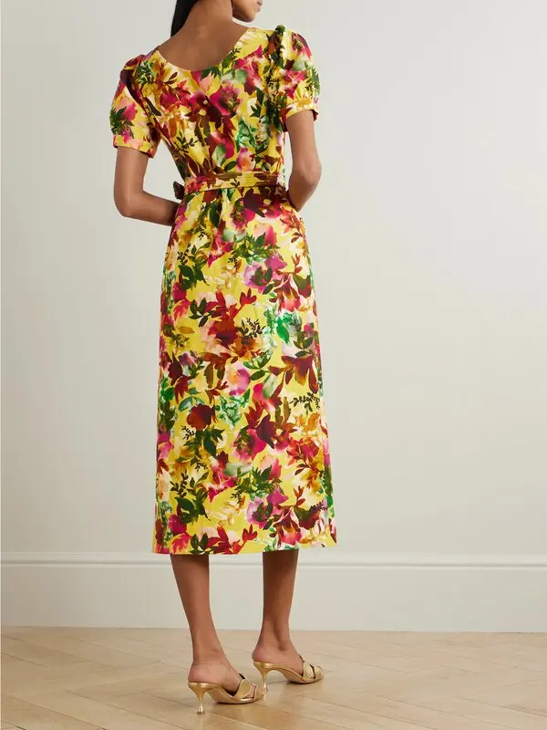 Saloni Blanca Floral-print Cotton-dupioni Midi Dress