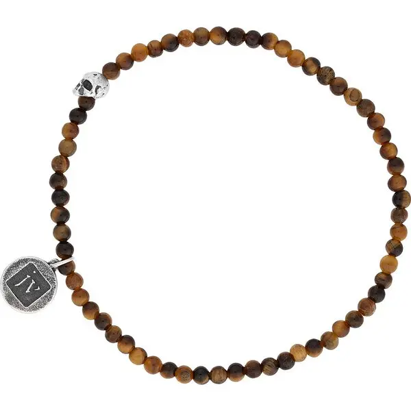 John Varvatos Skull Tiger's Eye Beaded Stretch Bracelet - Brown/silver