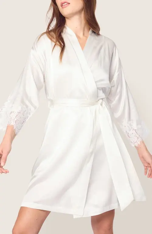 PETITE PLUME Lace Trim Mulberry Silk Robe - White