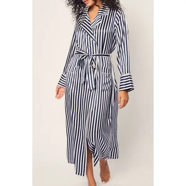 PETITE PLUME Bengal Stripe Silk Robe - Navy