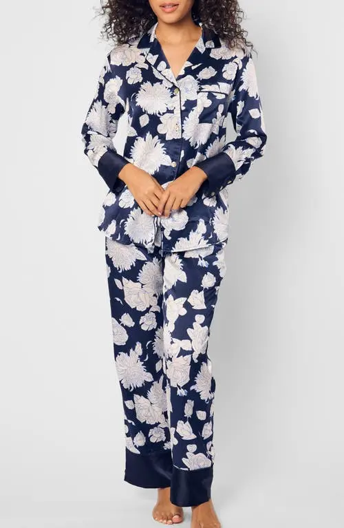 PETITE PLUME Midnight Blooms Silk Pajamas - Navy