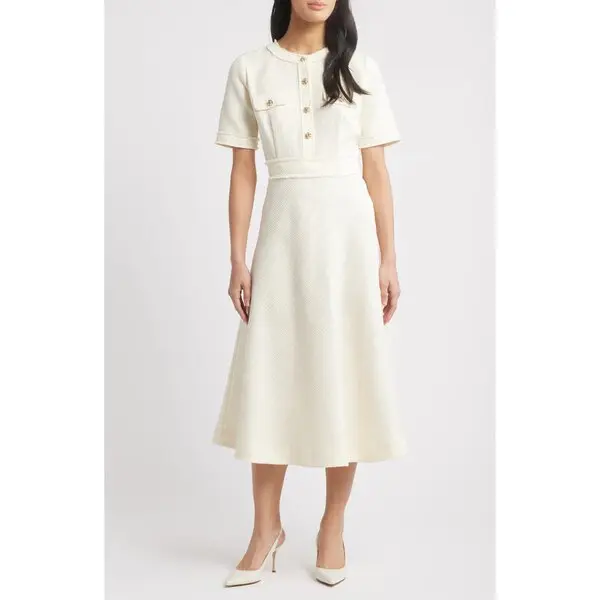 Zoe And Claire Short Sleeve Tweed A-Line Dress In Cream - 60% Off
