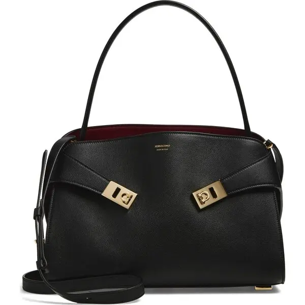 FERRAGAMO Small Hug Leather Satchel - Nero/borgogna
