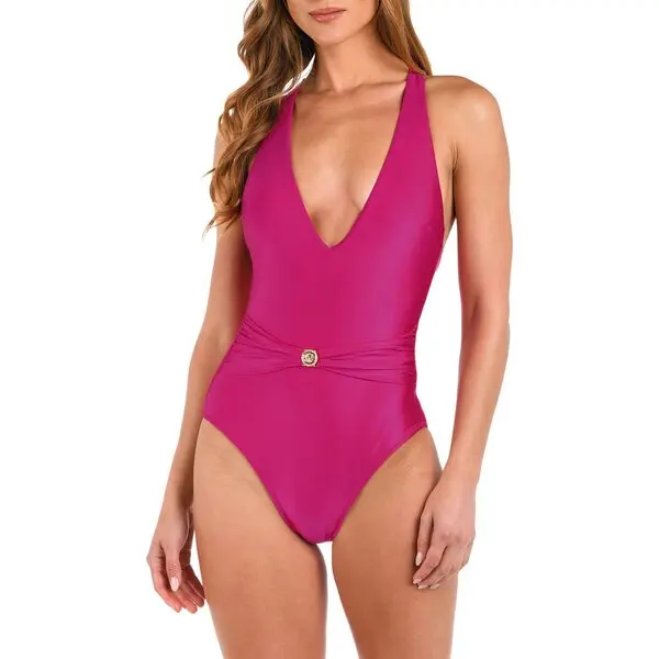 L'Agence Lisa Shimmer Plunge One-piece Swimsuit - Fuchsia