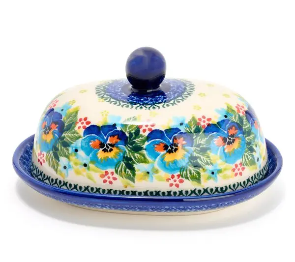 LIDIA'S POLISH POTTERY Hand Painted Oval Butter Dish - One-color