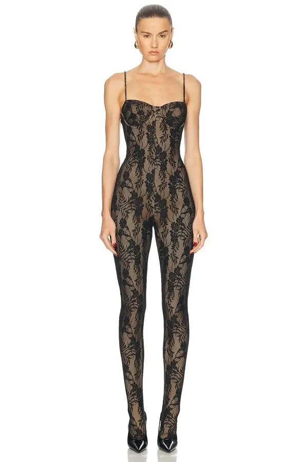 Norma Kamali Underwire Catsuit - Black Stretch Lace & Nude