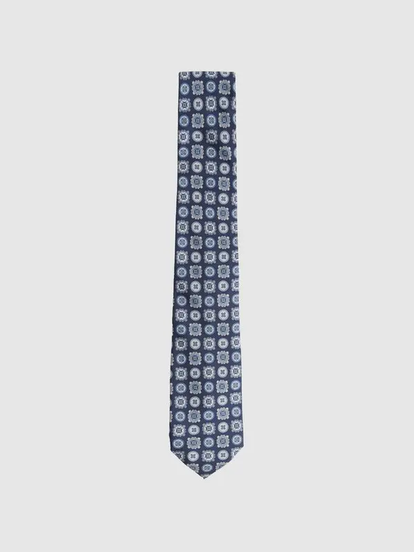 REISS Primo Silk Foulard Medallion Print Tie - Eclipse Blue