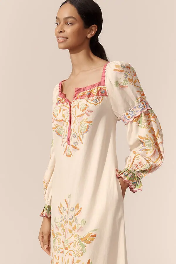 open lace back dress Farm Rio Anthropologie Pink Macaw Flight Smocked Midi Dress  White  Chocolate Couture