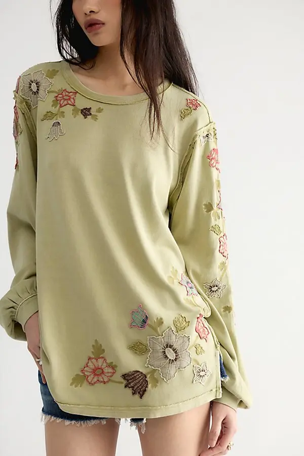 Free People Violet Vines Embroidered Long Sleeve Top - Green Combo