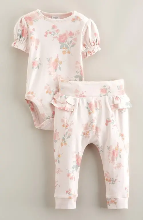 Nordstrom Print Cotton Bodysuit & Ruffled Joggers Set - Pink Delicacy Summer Bloom
