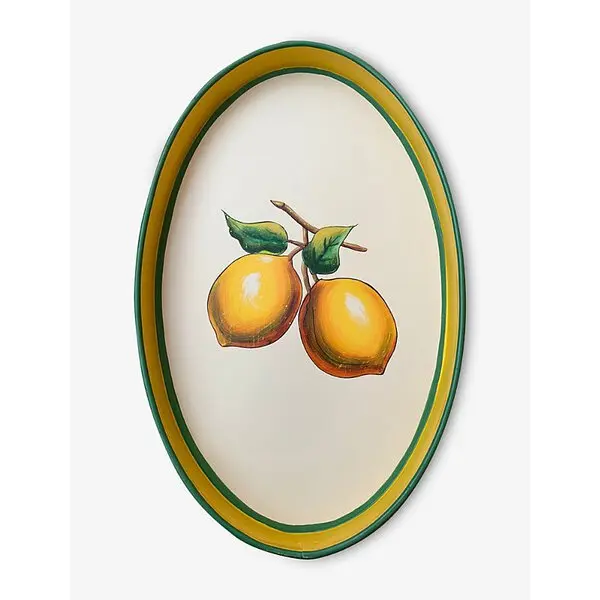 LES-OTTOMANS Lemon Flora Handpainted Iron Tray 33cm - White And Yellow