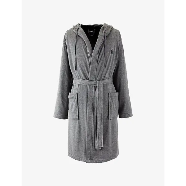 BOSS Brand-embroidered Tie-waist Cotton-blend Robe - Gris