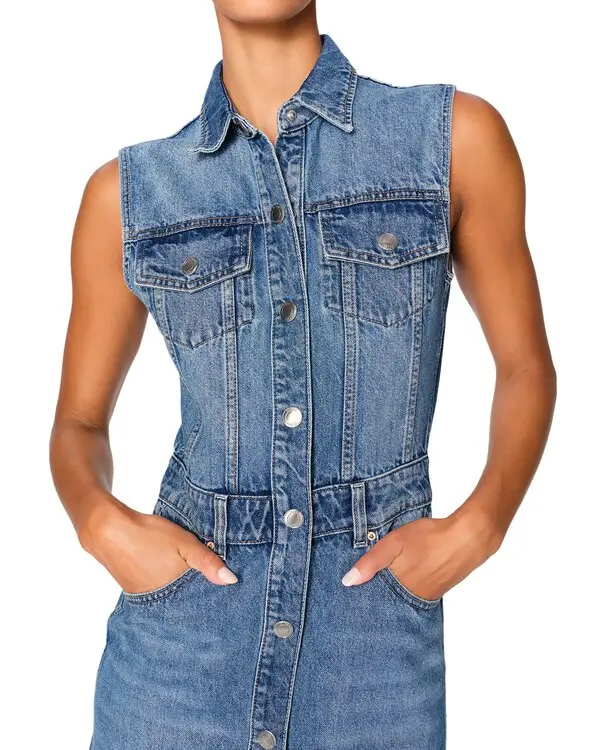 knee length dresses for ladies Denim Lapel Women Midi Vest Dress with Belt, Mid Denim / XXL