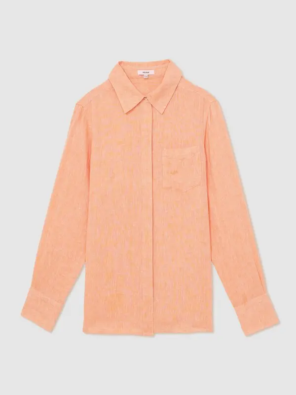 REISS Belle Linen Button-through Shirt - Orange