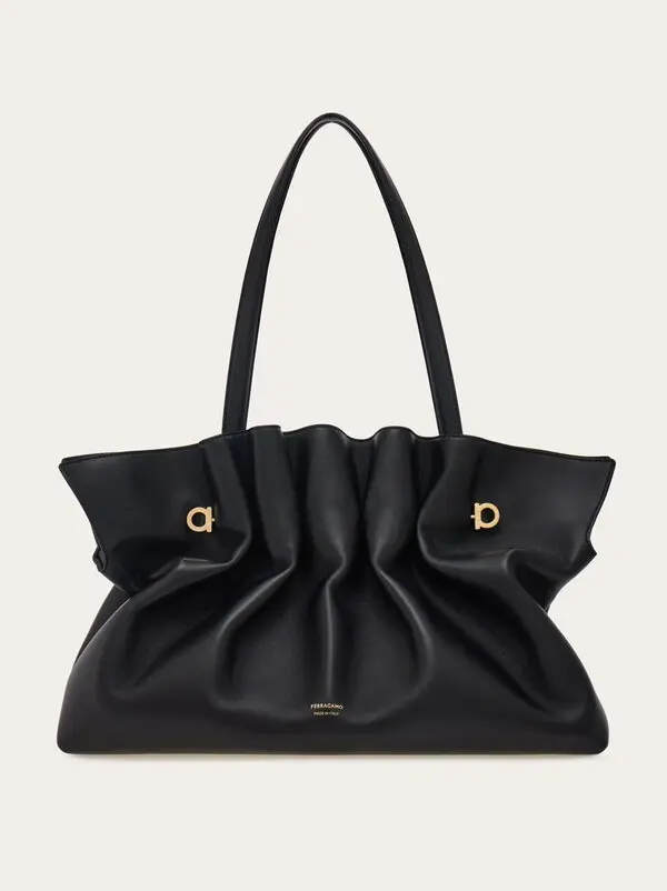 FERRAGAMO Soft Nappa Leather Shoulder Bag With Gancini Pin - Black