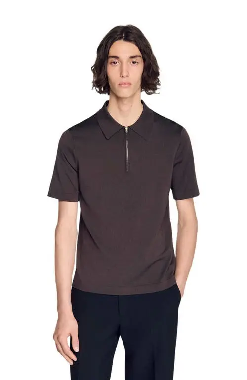 Sandro Knitted Polo With Zip Collar - Chocolate