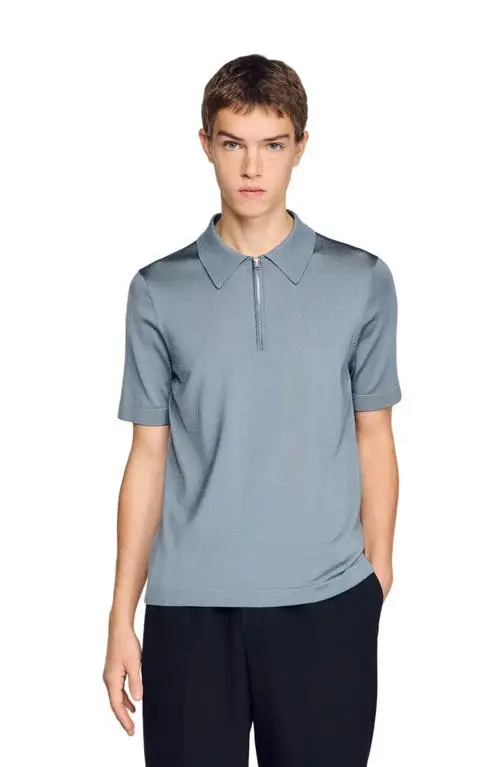 Sandro Knitted Polo With Zip Collar - Grey/blu