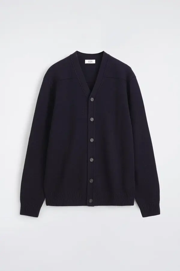 Cos Merino Wool V-neck Cardigan With Ribbed Trims And Pockets
