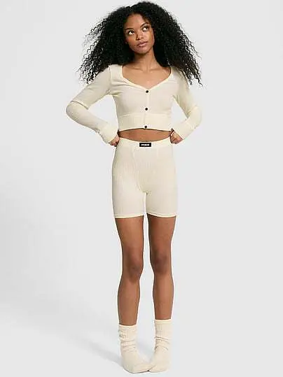 Pink Lounge Ribbed Cropped Cardigangan & Shorts Set