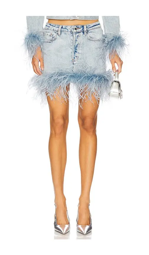 Retrofete Elvie Denim Skirt With Feather Trim - Indigo Feather