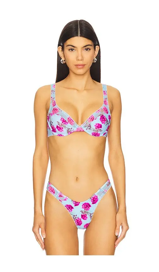 For Love & Lemons Floral Stems Ruffle Underwire Bikini Top - Blue