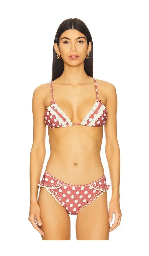 For Love & Lemons Denim Dot Triangle Bikini Top - Red