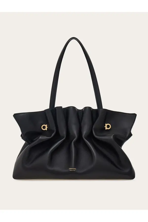 FERRAGAMO Nappa Leather Shoulder Bag With Gancini Pin - Black
