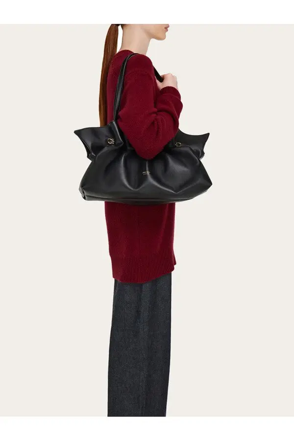 FERRAGAMO Nappa Leather Shoulder Bag With Gancini Pin - Black