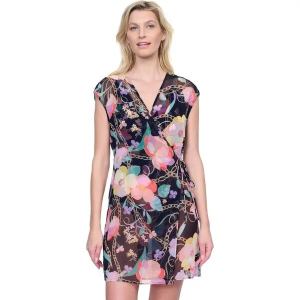 GOTTEX Memories Of Capri Short Surplice Wrap Dress - Black Multi