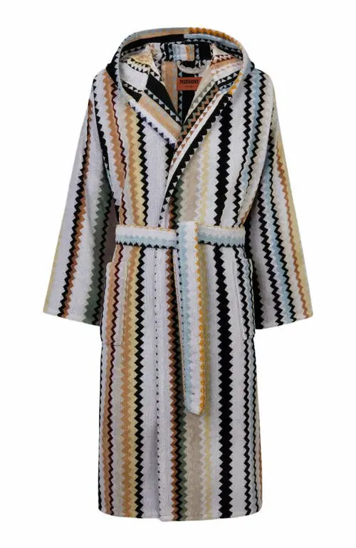 Missoni Long Curt Chevron Cotton Terry Hooded Bathrobe - Black