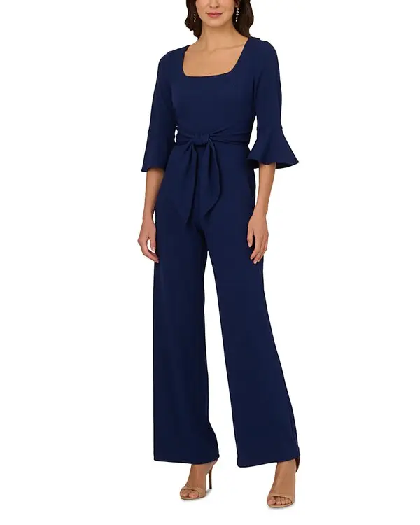 Adrianna Papell Knit Crepe Tie Front Jumpsuit - Navy Sateen