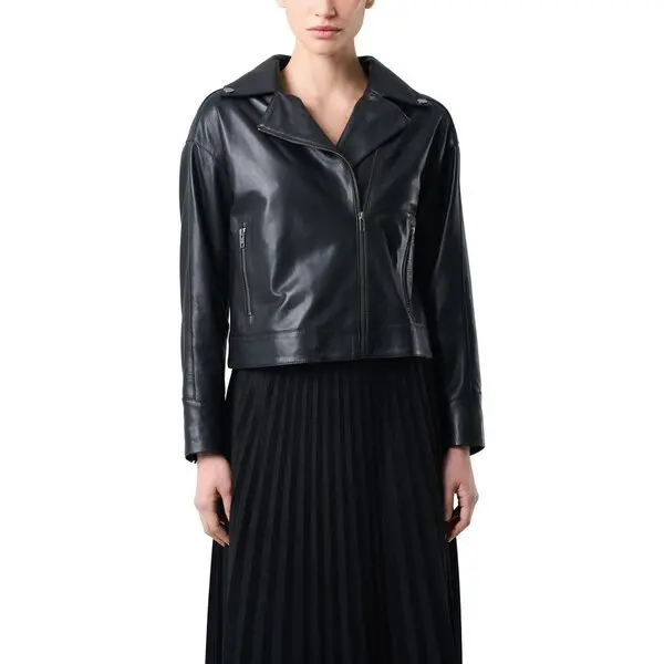 VELEZ Lyra Leather Biker Jacket With Fringe - Black