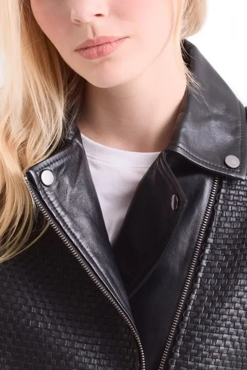 VELEZ Claire Leather Woven Biker Jacket