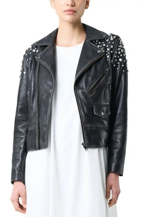 VELEZ Embellished Leather Biker Jacket - Black