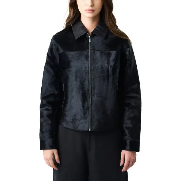 VELEZ Antares Hair-on Cowhide Leather Trucker Jacket - Black
